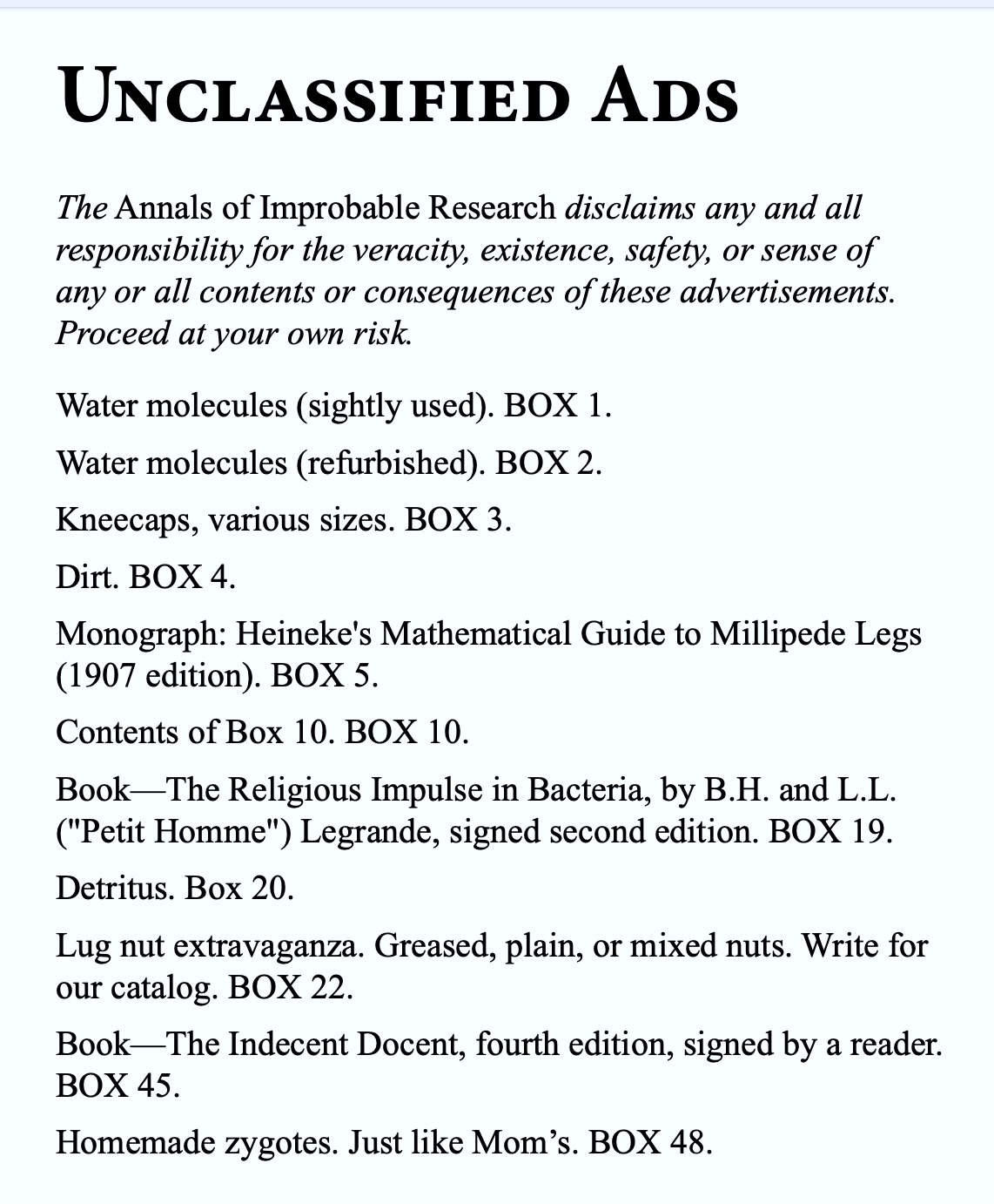 Unclassified Ads – Improbable Research